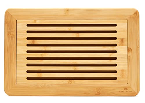 RoyalHouse Large Premium Natural Bamboo Bread Cutting Board with Crumb Tray, Bread Serving Tray for Kitchen