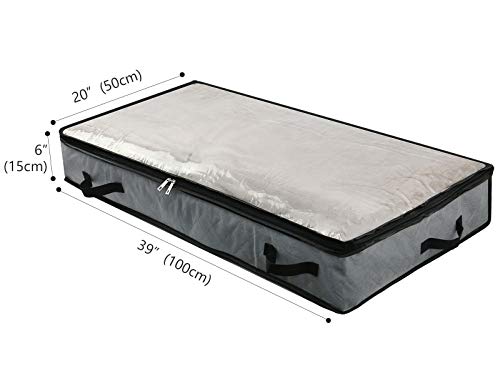 2pcs Soft Foldable Fabric Under Bed Storage Bags, Blankets Clothes Comforters Storage Organizer for Bedroom and Closet with Transparent Window, 4 Handles, Zipper, 39x20x6in, Grey