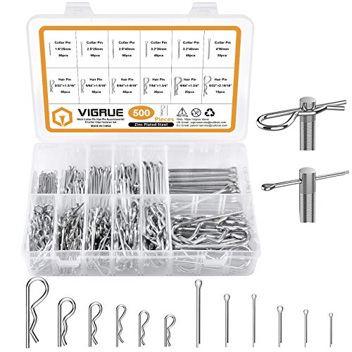 VIGRUE 500PCS Cotter Pin Assortment Kit Hitch Pin Zinc Plated R Clip Assortment Kit Fastener for Use on Hitch Pin Lock System