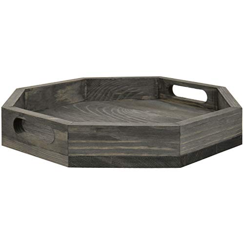 MyGift 12-Inch Vintage Gray Solid Wood Octagon Serving Tray with Cutout Handles