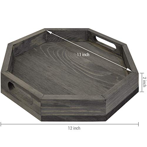 MyGift 12-Inch Vintage Gray Solid Wood Octagon Serving Tray with Cutout Handles