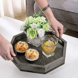 MyGift 12-Inch Vintage Gray Solid Wood Octagon Serving Tray with Cutout Handles