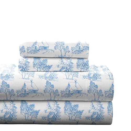 Pointehaven 180 GSM 100% Cotton Flannel Sheet Set - Queen, Scenic Toile Blue - Warm & Cozy - Pre-Shrunk -Deep Pockets - Elastic All Around-Comfy Double Brushed