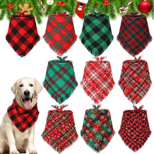 10 Pieces Christmas Dog Bandana Classic Buffalo Plaid Snowflake Pets Scarf Tassels Style Triangle Bibs Pet Holiday Costume Accessories for Small Medium Large Dogs Cats