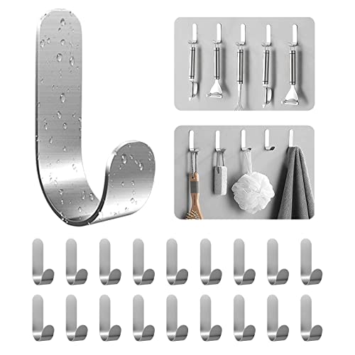 Adhesive Wall Hooks for Hanging, 20PCS Sticky Towel Hooks for Bathrooms, Shower Hooks for Inside Shower, 12lb(Max) Stick on Hooks Heavy Duty, Metal, Waterproof, Oil-proof, Wall Hanger Kitchen Hooks