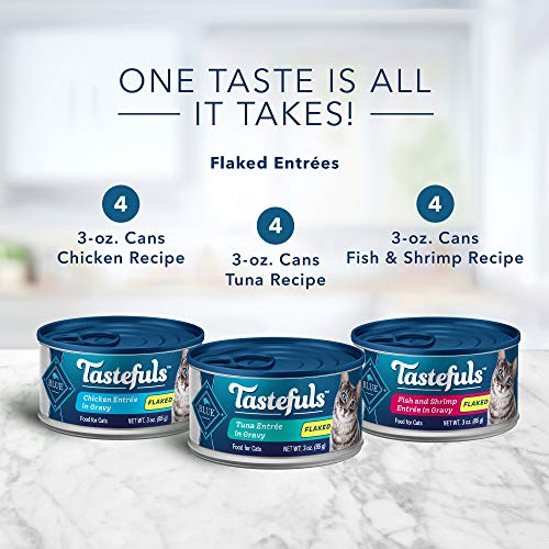 Blue Buffalo Tastefuls Natural Flaked Wet Cat Food Variety Pack, Tuna, Chicken, Fish & Shrimp Entrées in Gravy 3-oz Cans (12 Count - 4 of Each Flavor)