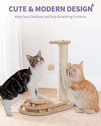 Made4Pets Cat Scratching Post Cat Scratcher Toy Wooden Two-Layer Cat Turntable with Interactive Balls and Dangling Ball