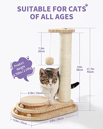 Made4Pets Cat Scratching Post Cat Scratcher Toy Wooden Two-Layer Cat Turntable with Interactive Balls and Dangling Ball