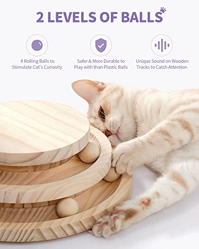 Made4Pets Cat Scratching Post Cat Scratcher Toy Wooden Two-Layer Cat Turntable with Interactive Balls and Dangling Ball