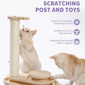 Made4Pets Cat Scratching Post Cat Scratcher Toy Wooden Two-Layer Cat Turntable with Interactive Balls and Dangling Ball