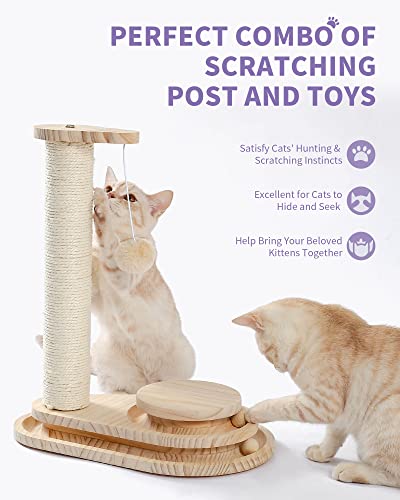 Made4Pets Cat Scratching Post Cat Scratcher Toy Wooden Two-Layer Cat Turntable with Interactive Balls and Dangling Ball