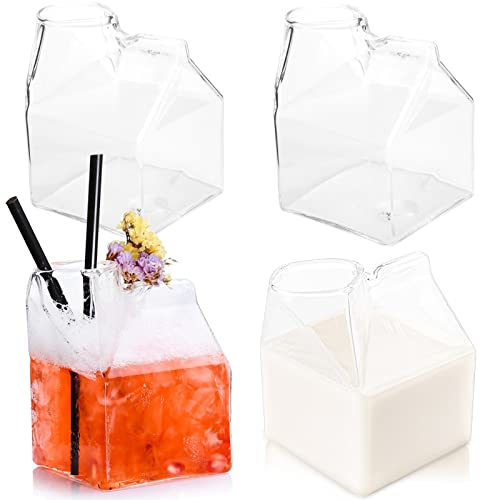 WUWEOT 4 Pack Glass Milk Carton, Clear Square Cocktail Glasses, Mini Cup Creamer Pitcher Coffee Box for Milk, Coffee, Water, Juice, Beverages, Heat Resistant, 12OZ/350ml