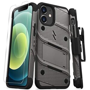 zizo bolt series for iphone 12 mini case with screen protector kickstand holster lanyard - gun metal gray