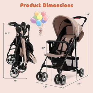 HONEY JOY Lightweight Stroller, Compact Travel Stroller for Airplane, Toddler Fold Pushchair w/Adjustable Canopy & Backrest, Storage Basket, Umbrella Stroller for Infants (Coffee)