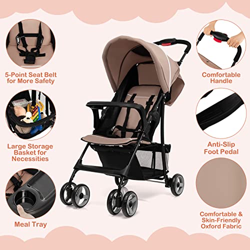 HONEY JOY Lightweight Stroller, Compact Travel Stroller for Airplane, Toddler Fold Pushchair w/Adjustable Canopy & Backrest, Storage Basket, Umbrella Stroller for Infants (Coffee)