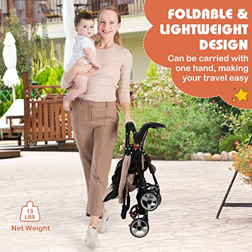 HONEY JOY Lightweight Stroller, Compact Travel Stroller for Airplane, Toddler Fold Pushchair w/Adjustable Canopy & Backrest, Storage Basket, Umbrella Stroller for Infants (Coffee)