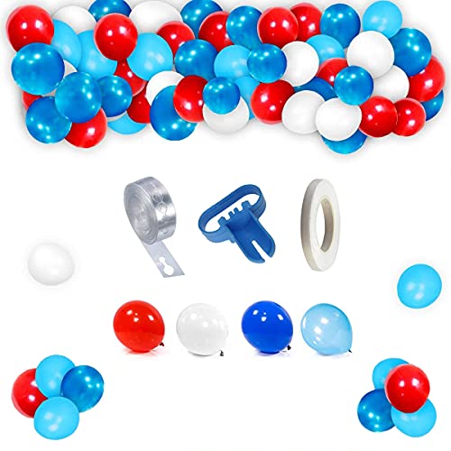 Balloon Garland Arch Kit-Blue, Red, White with Strip Tape, Blue Knotting Device, White Ribbon for Boy Party, Wedding,Birthday Party Decoration Gift