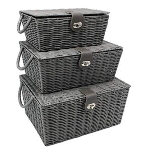 woven storage basket bin wicker hamper stackable box with lid, wicker shelf baskets bin for laundry room organizer, set of 3 wicker storage basket with handle for picnic, bbq,nursery, baby toiletry, diaper, toys