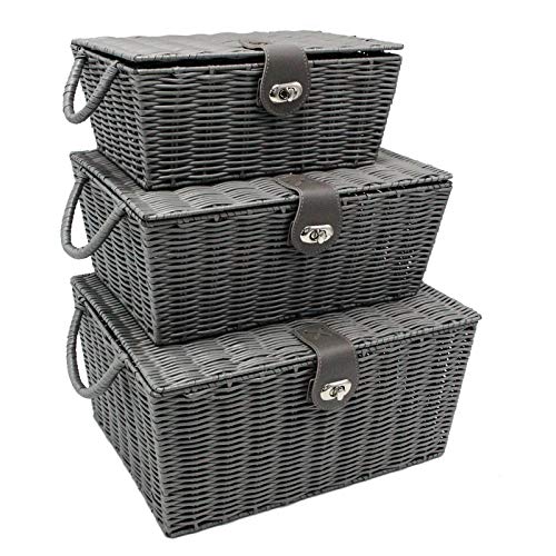 Woven Storage Basket Bin Wicker Hamper Stackable Box with Lid, Wicker Shelf Baskets Bin for Laundry Room Organizer, Set of 3 Wicker Storage Basket with Handle for Picnic, BBQ,Nursery, Baby Toiletry, Diaper, Toys