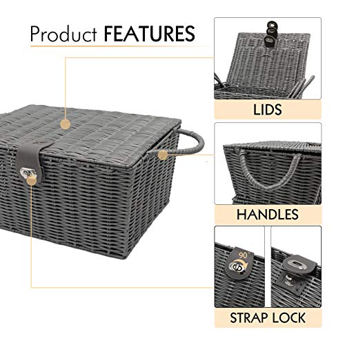 Woven Storage Basket Bin Wicker Hamper Stackable Box with Lid, Wicker Shelf Baskets Bin for Laundry Room Organizer, Set of 3 Wicker Storage Basket with Handle for Picnic, BBQ,Nursery, Baby Toiletry, Diaper, Toys