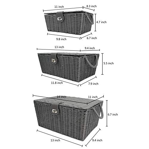 Woven Storage Basket Bin Wicker Hamper Stackable Box with Lid, Wicker Shelf Baskets Bin for Laundry Room Organizer, Set of 3 Wicker Storage Basket with Handle for Picnic, BBQ,Nursery, Baby Toiletry, Diaper, Toys