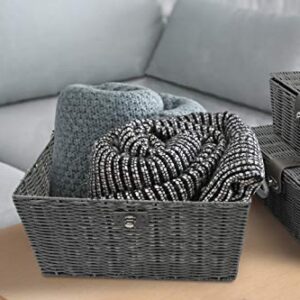 Woven Storage Basket Bin Wicker Hamper Stackable Box with Lid, Wicker Shelf Baskets Bin for Laundry Room Organizer, Set of 3 Wicker Storage Basket with Handle for Picnic, BBQ,Nursery, Baby Toiletry, Diaper, Toys