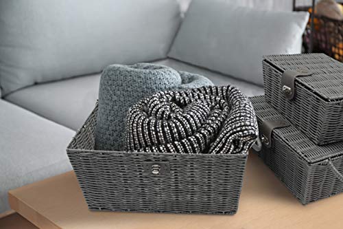 Woven Storage Basket Bin Wicker Hamper Stackable Box with Lid, Wicker Shelf Baskets Bin for Laundry Room Organizer, Set of 3 Wicker Storage Basket with Handle for Picnic, BBQ,Nursery, Baby Toiletry, Diaper, Toys