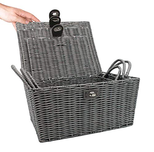 Woven Storage Basket Bin Wicker Hamper Stackable Box with Lid, Wicker Shelf Baskets Bin for Laundry Room Organizer, Set of 3 Wicker Storage Basket with Handle for Picnic, BBQ,Nursery, Baby Toiletry, Diaper, Toys