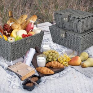 Woven Storage Basket Bin Wicker Hamper Stackable Box with Lid, Wicker Shelf Baskets Bin for Laundry Room Organizer, Set of 3 Wicker Storage Basket with Handle for Picnic, BBQ,Nursery, Baby Toiletry, Diaper, Toys