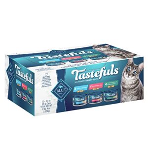 blue buffalo tastefuls natural pate wet cat food variety pack, salmon, chicken, ocean fish & tuna entrées 3-oz cans (12 count - 4 of each flavor)