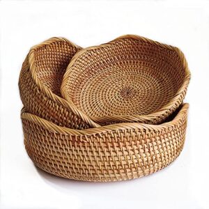 rattan round fruit baskets, wicker storage bowls, natural woven serving basket bowls, decorative baskets for kitchen counter organizing, set of 3