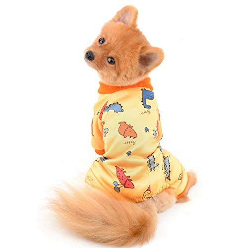 SELMAI Dog Pajamas with Feet Dinosaur Pjs for Small Dogs Cats Boys Girls Fleece Four Legs Jumpsuit Warm Pet Puppy Chihuahua Clothes for Winter Autumn Walking Outdoor Cold Weather Apparel Yellow L