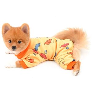 SELMAI Dog Pajamas with Feet Dinosaur Pjs for Small Dogs Cats Boys Girls Fleece Four Legs Jumpsuit Warm Pet Puppy Chihuahua Clothes for Winter Autumn Walking Outdoor Cold Weather Apparel Yellow L