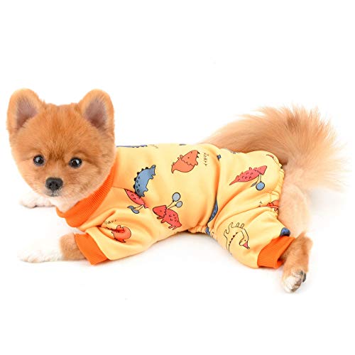 SELMAI Dog Pajamas with Feet Dinosaur Pjs for Small Dogs Cats Boys Girls Fleece Four Legs Jumpsuit Warm Pet Puppy Chihuahua Clothes for Winter Autumn Walking Outdoor Cold Weather Apparel Yellow L