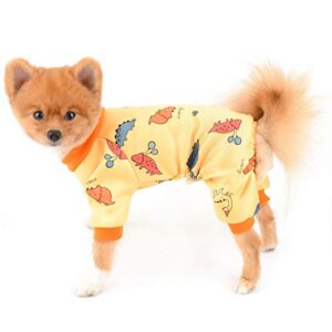 SELMAI Dog Pajamas with Feet Dinosaur Pjs for Small Dogs Cats Boys Girls Fleece Four Legs Jumpsuit Warm Pet Puppy Chihuahua Clothes for Winter Autumn Walking Outdoor Cold Weather Apparel Yellow L