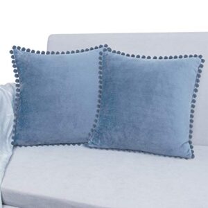 pavilia dusty blue throw pillow covers, 20x20, set of 2, pom pom | decorative velvet cushion covers for sofa couch bed | light slate blue fleece accent pillow case pompom