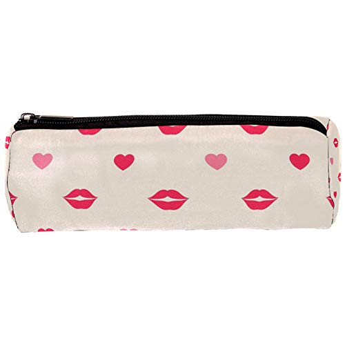 Red Lips and Hearts Pattern Pencil Bag Pen Case Stationary Case Pencil Pouch Desk Organizer Makeup Cosmetic Bag for School Office