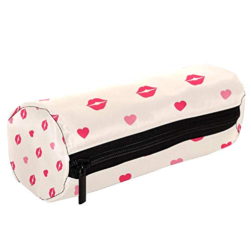 Red Lips and Hearts Pattern Pencil Bag Pen Case Stationary Case Pencil Pouch Desk Organizer Makeup Cosmetic Bag for School Office