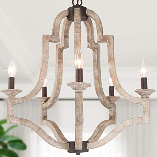 LOG BARN Farmhouse Chandelier, Wood Chandelier Lighting for Kitchen Island, Dining Room, 5-Light, 23” W