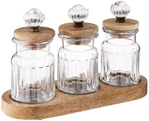 mud pie knob glass condiment set, canister 3 3/4" x 2 3/4" dia | caddy 3 3/4" x 10 1/4", brown