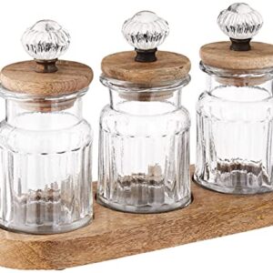 Mud Pie Knob Glass Condiment Set, canister 3 3/4" x 2 3/4" dia | caddy 3 3/4" x 10 1/4", Brown