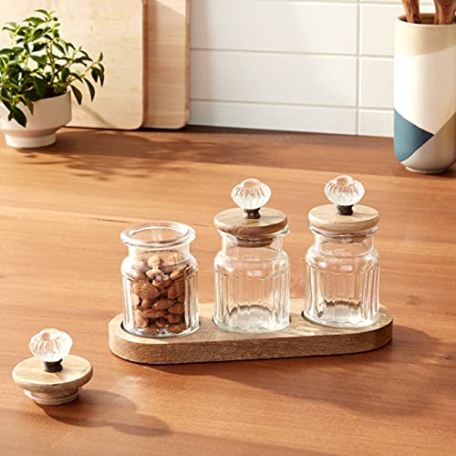 Mud Pie Knob Glass Condiment Set, canister 3 3/4" x 2 3/4" dia | caddy 3 3/4" x 10 1/4", Brown