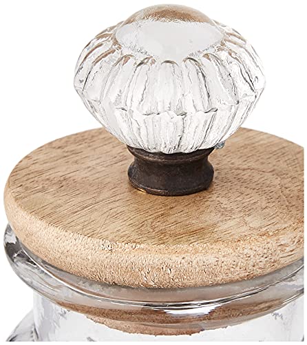 Mud Pie Knob Glass Condiment Set, canister 3 3/4" x 2 3/4" dia | caddy 3 3/4" x 10 1/4", Brown