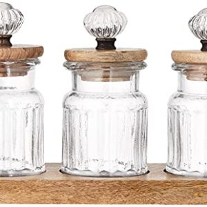 Mud Pie Knob Glass Condiment Set, canister 3 3/4" x 2 3/4" dia | caddy 3 3/4" x 10 1/4", Brown