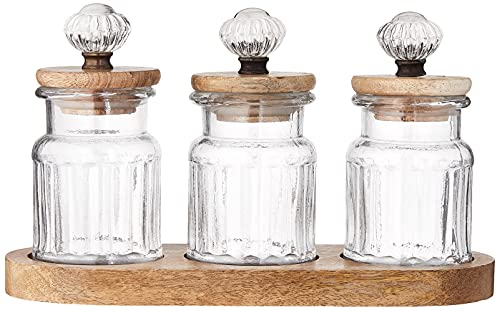 Mud Pie Knob Glass Condiment Set, canister 3 3/4" x 2 3/4" dia | caddy 3 3/4" x 10 1/4", Brown