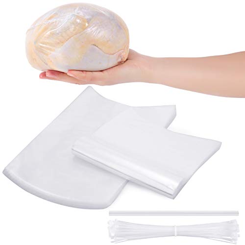 100 Pieces Poultry Shrink Wrap Bags Transparent Heat Shrink Bags BPA-Free Freezer and 100 Pieces White Zip Ties and Clear Silicone Straw for Chickens Rabbits Food Storage, 10 x 16 Inch