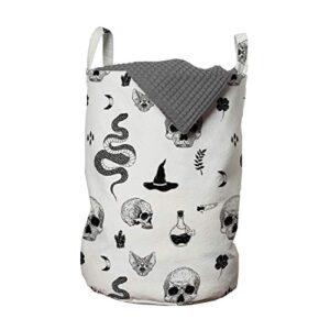 ambesonne skull laundry bag, tattoo style snake bat snake moon witch hat poison creepy halloween gothic, hamper basket with handles drawstring closure for laundromats, 13" x 19", coconut charcoal grey