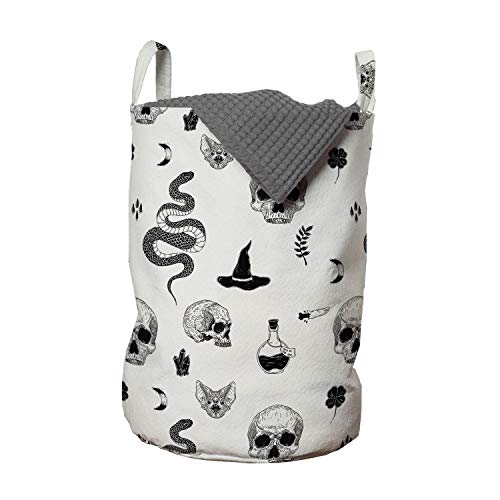 Ambesonne Skull Laundry Bag, Tattoo Style Snake Bat Snake Moon Witch Hat Poison Creepy Halloween Gothic, Hamper Basket with Handles Drawstring Closure for Laundromats, 13" x 19", Coconut Charcoal Grey