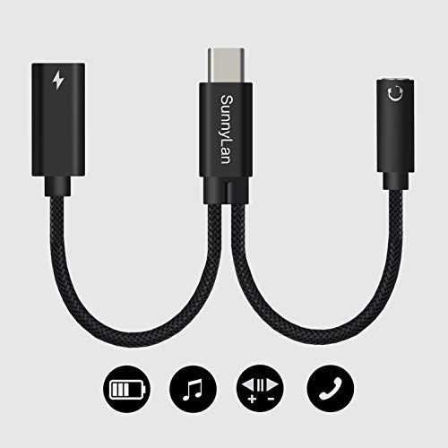 SunnyLan USB C to 3.5mm Headphone and Charger Adapter, 2-in-1 USB C to AUX Mic Jack with USB C PD 60W Fast Charging,Compatible with Galaxy S23 S22 Note 20 S21 Ultra S21+ FE, Pixel 5/3/4 XL (Black)