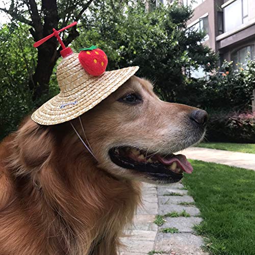 La La Pet® Adjustable Cute Mini Pet Sombrero Dog Straw Hat Cat Woven Hat Puppy Sun Bucket Cap for Small Dogs Puppy Cats Supplies (Strawberry,L)